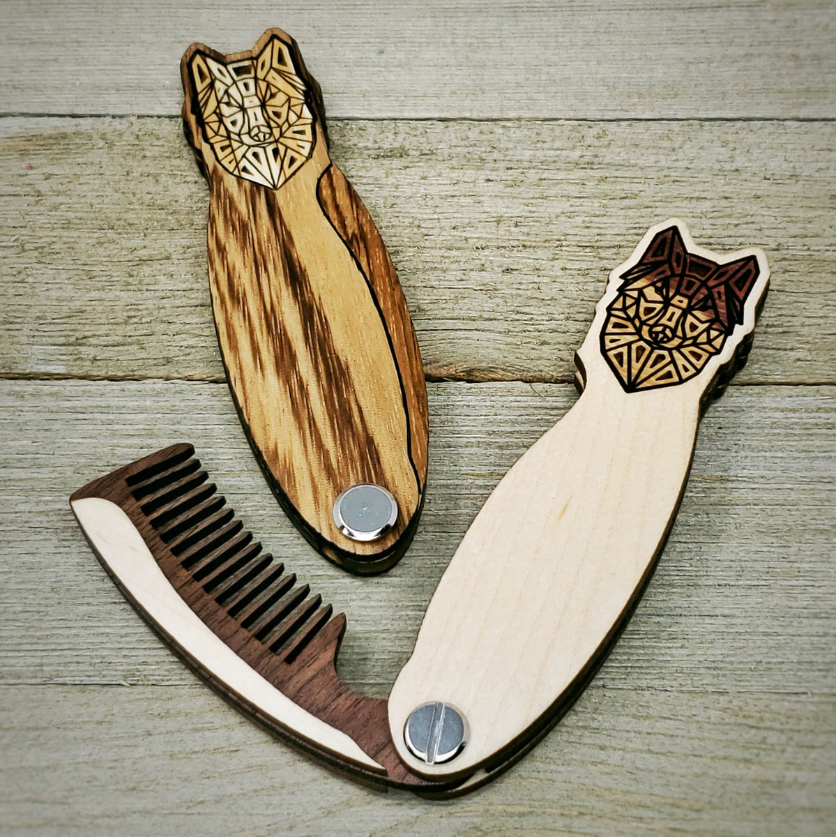 Geometric Wolf Head Folding Beard Comb – MakeTechCreate